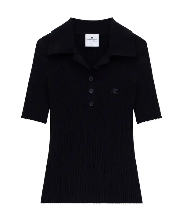 COURREGES Courrèges Rib Knit Short Sleeve Polo Shirt - Black