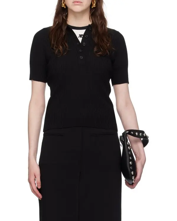 COURREGES Courrèges Rib Knit Short Sleeve Polo Shirt - Black