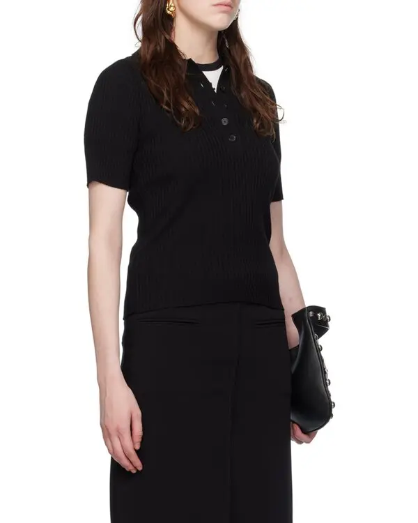 COURREGES Courrèges Rib Knit Short Sleeve Polo Shirt - Black
