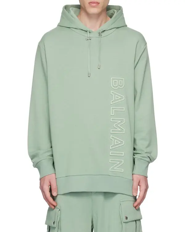 Balmain Logo Embossed Drawstring Hoodie - Green