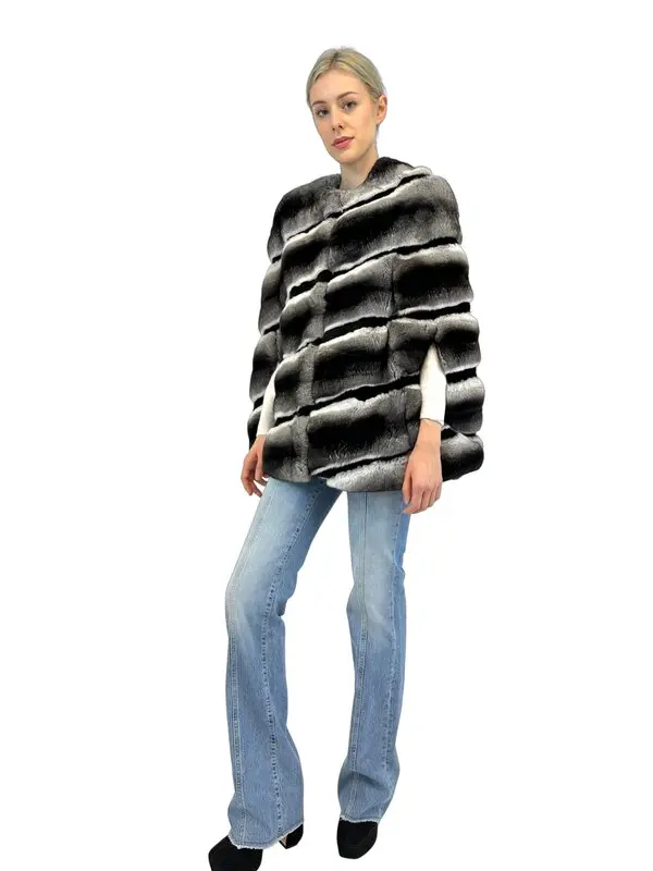LISKA Round Collar Fur Jacket With Stripe Detail