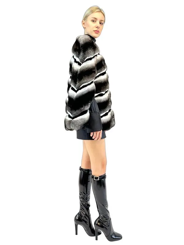 LISKA Round Collar Fur Jacket With Stripe Detail