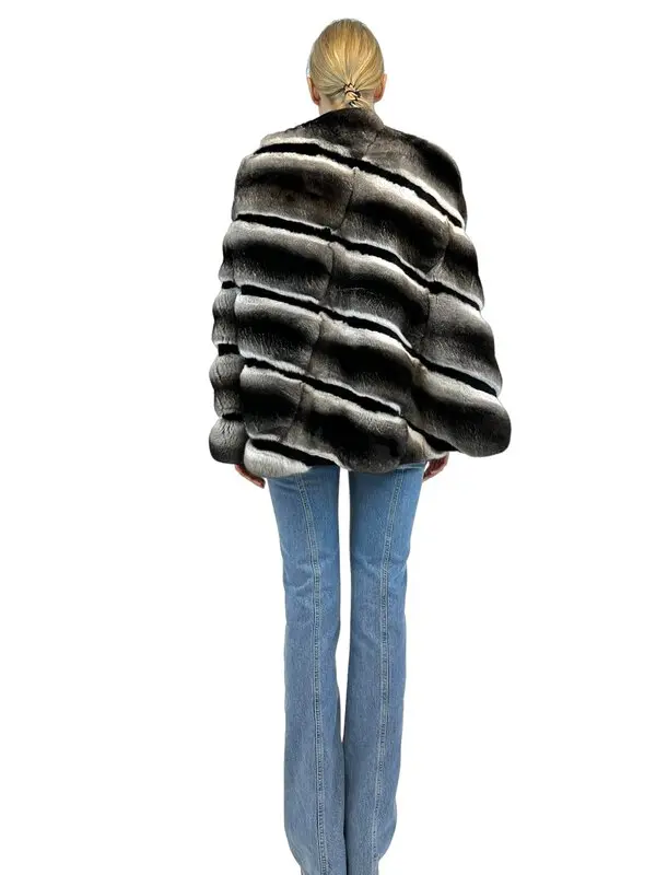 LISKA Round Collar Fur Jacket With Stripe Detail