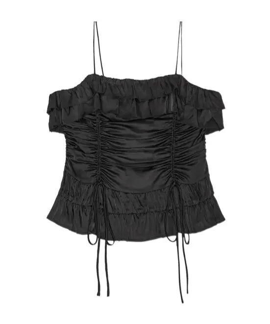 GANNI Satin Ruched Ruffle Top