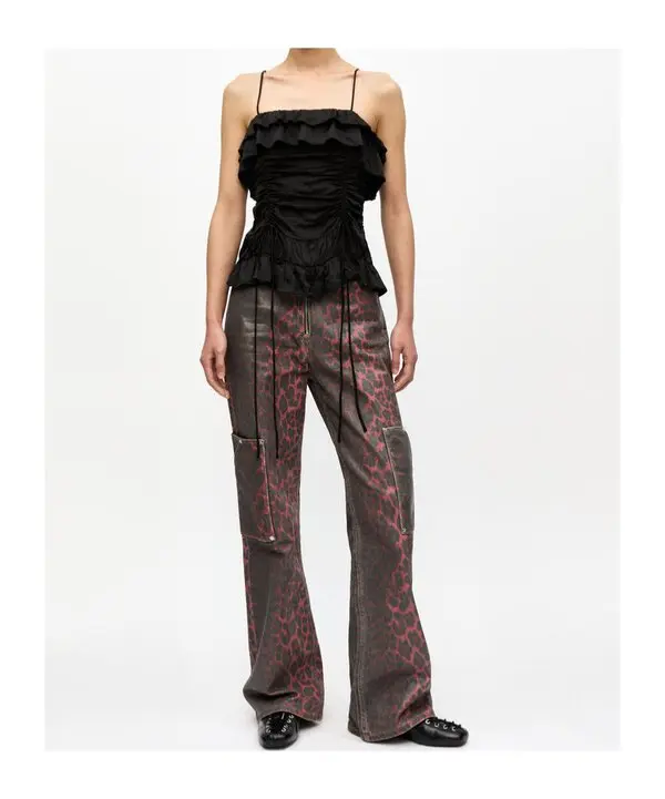 GANNI Satin Ruched Ruffle Top