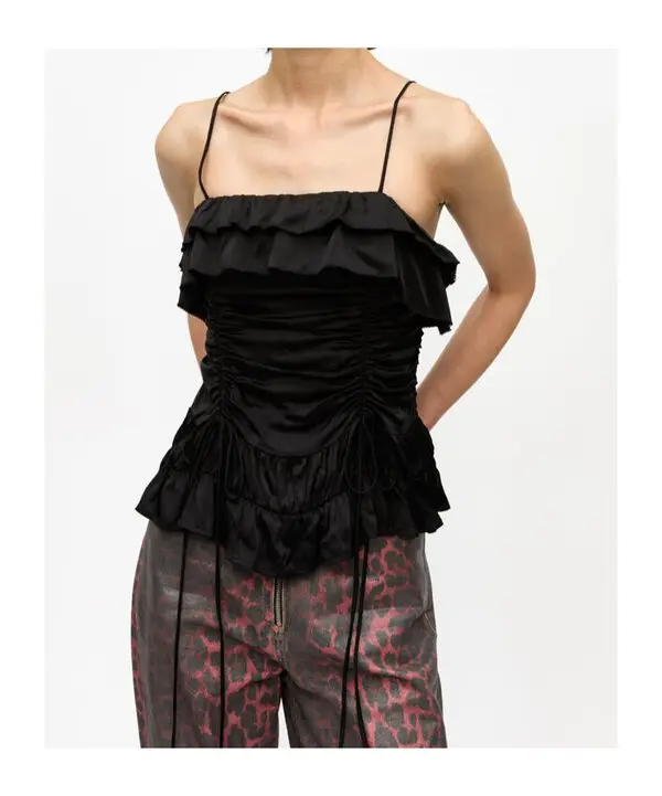 GANNI Satin Ruched Ruffle Top
