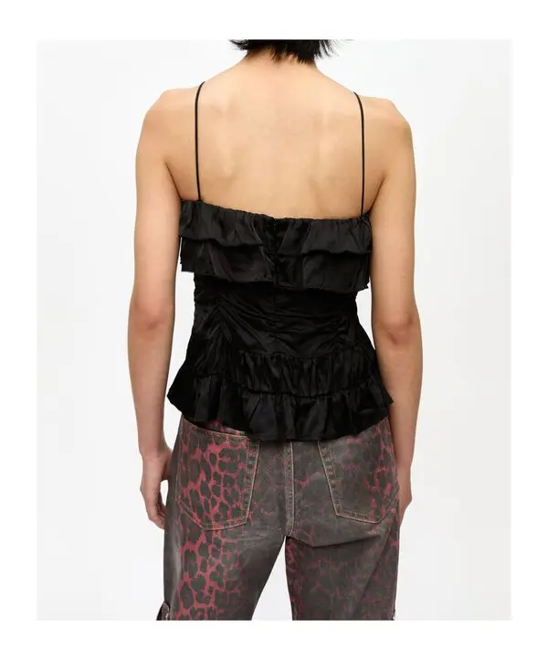 GANNI Satin Ruched Ruffle Top