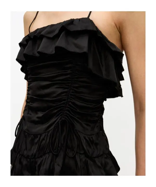 GANNI Satin Ruched Ruffle Top
