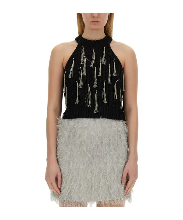 ALYSI Sleeveless Knitted Top With Fringe Detailing