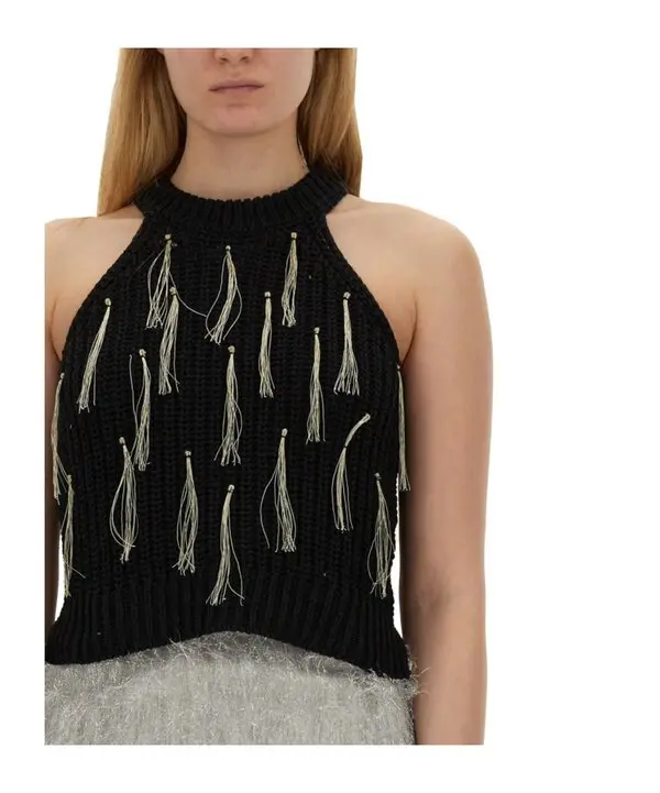 ALYSI Sleeveless Knitted Top With Fringe Detailing