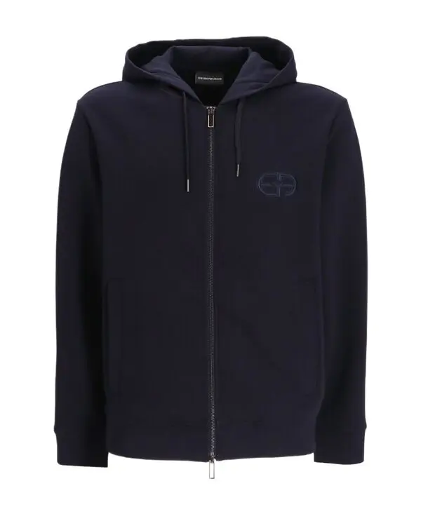 Emporio Armani Logo-embroidered Zipped Drawstring Hoodie - Navy Blue