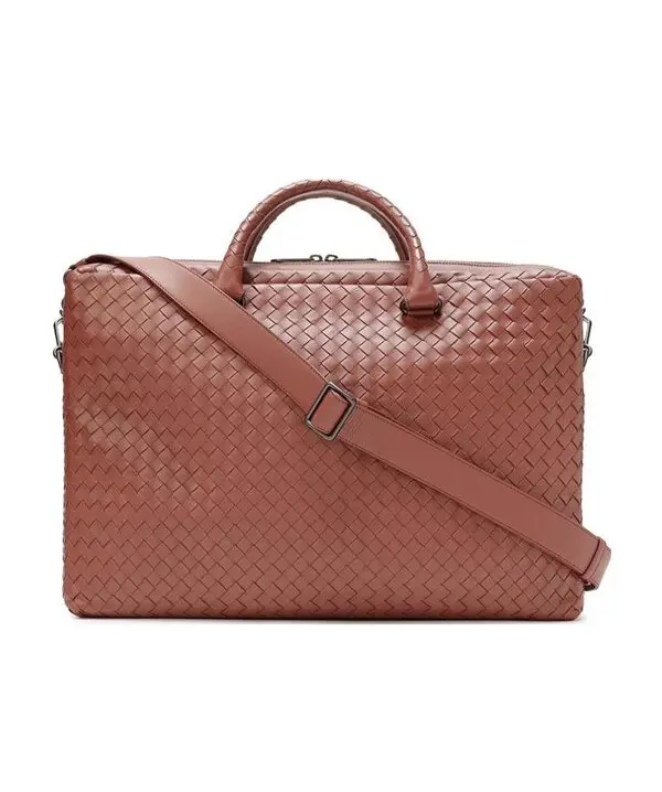 Bottega Veneta Woven Briefcase With Shoulder Strap - Brown