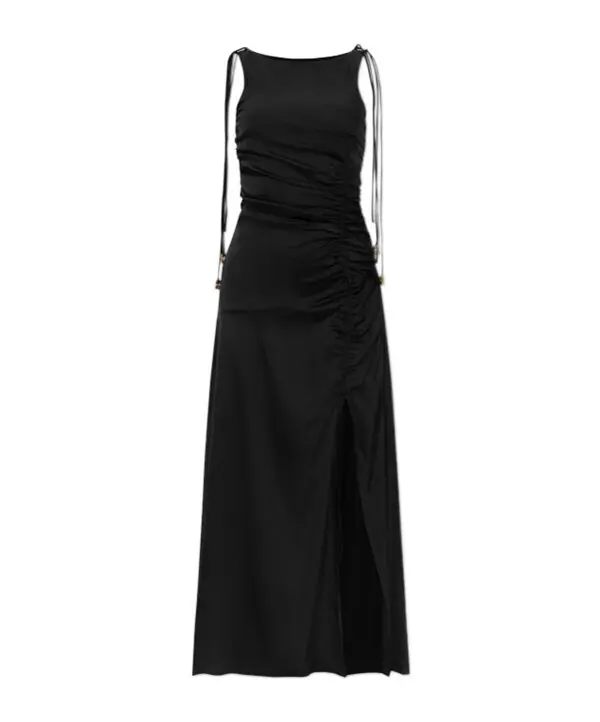 GANNI Satin Gathered Maxi Dress With Asymmetrical Slit - Black