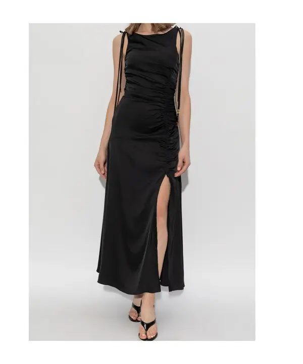GANNI Satin Gathered Maxi Dress With Asymmetrical Slit - Black