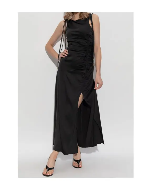 GANNI Satin Gathered Maxi Dress With Asymmetrical Slit - Black