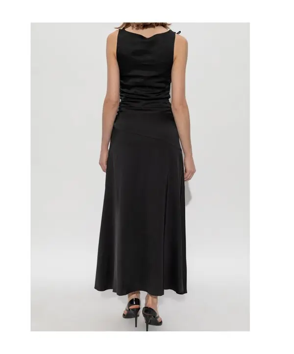 GANNI Satin Gathered Maxi Dress With Asymmetrical Slit - Black