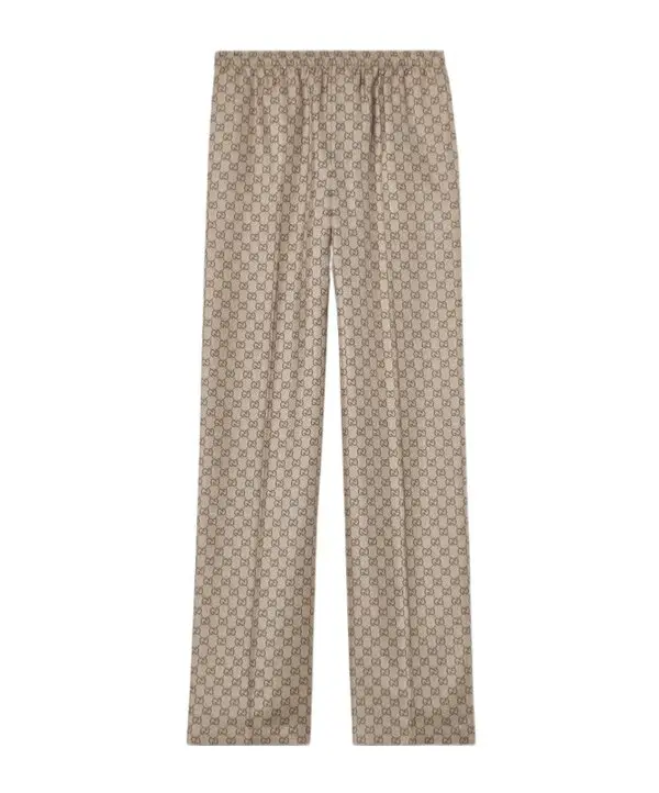 Gucci Printed Silk Twill Full Length Trousers - Beige