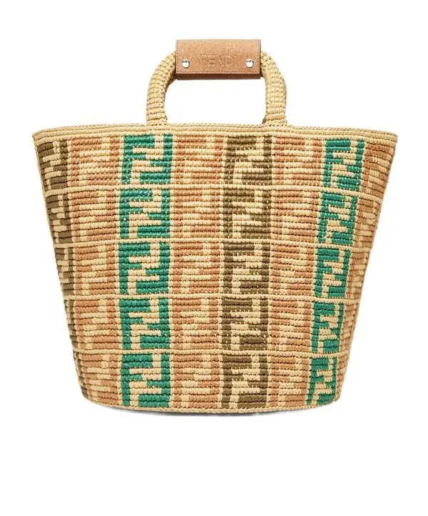 Fendi Ff Embroidered Raffia Tote Bag - Nude