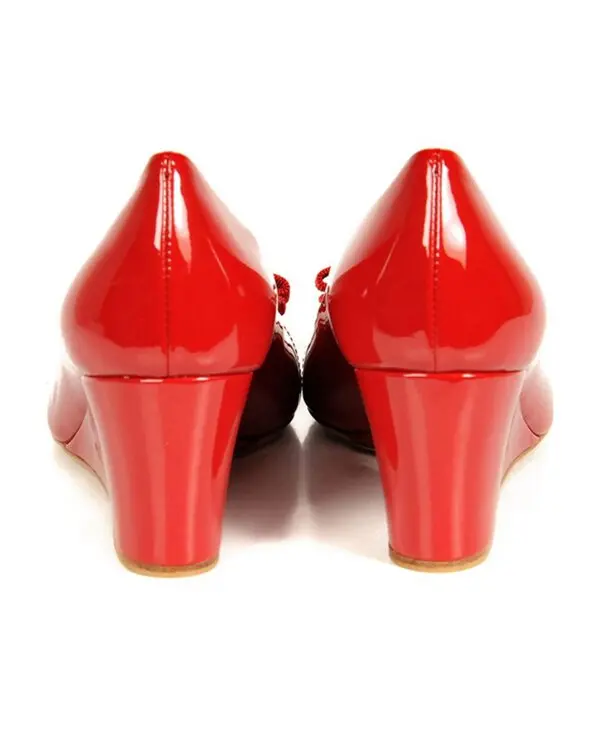 FERRAGAMO Red Patent Leather Bow Detail Wedge Shoes - White