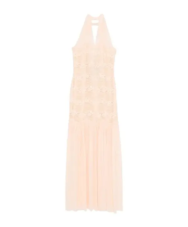 TWINSET Lace Pleated Halterneck Maxi Dress - Nude