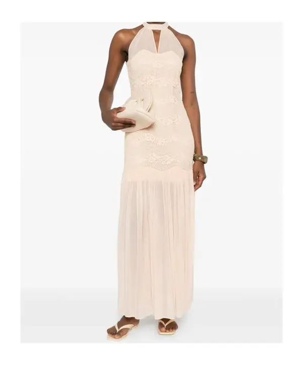 TWINSET Lace Pleated Halterneck Maxi Dress - Nude