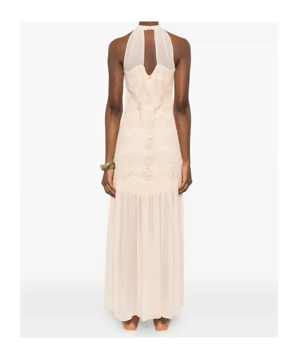 TWINSET Lace Pleated Halterneck Maxi Dress - Nude
