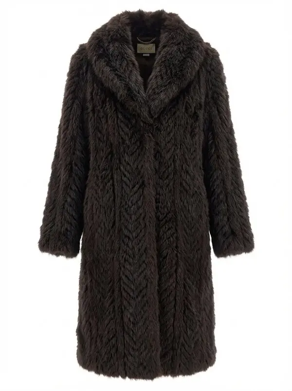 Gucci Soft Long Shearling Coat With Chevron Pattern