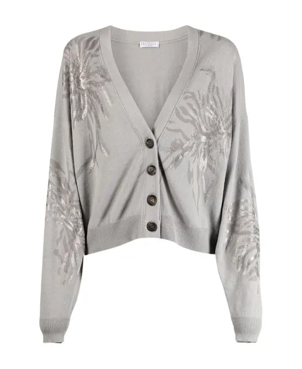 Brunello Cucinelli V-neck Cardigan With Marine Flower Print - Gray