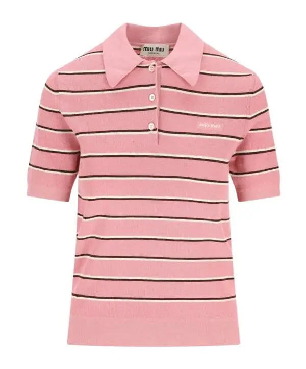 Miu Miu Short-sleeved Striped Knitted Polo Shirt - Pink