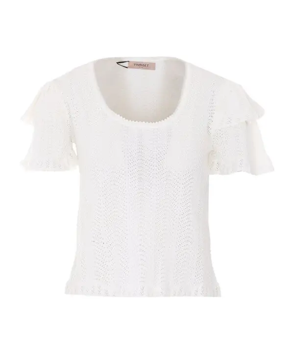 TWINSET Ruffled Sleeve Knit T-shirt - White