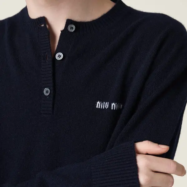 Miu Miu Long Sleeve Crewneck Jumper With Logo Detail - Blue