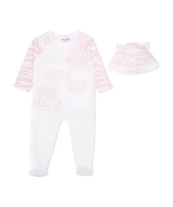 Kenzo Tiger Print Baby Jumpsuit And Hat Set - White