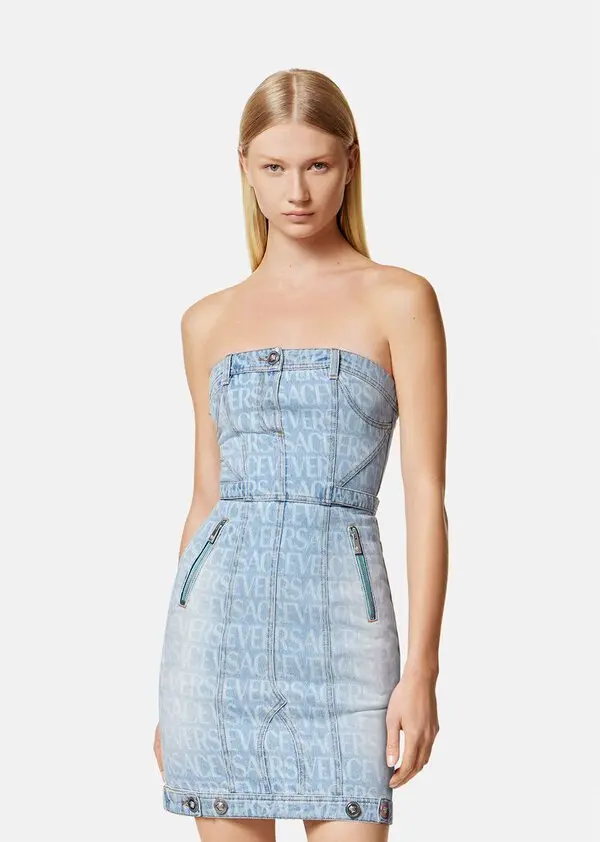 Versace Strapless Denim Mini Dress With Logo Print