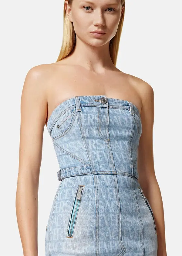Versace Strapless Denim Mini Dress With Logo Print