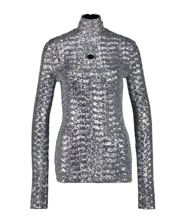 Rabanne Sequined Turtleneck Top With Cutout Detail - Silver