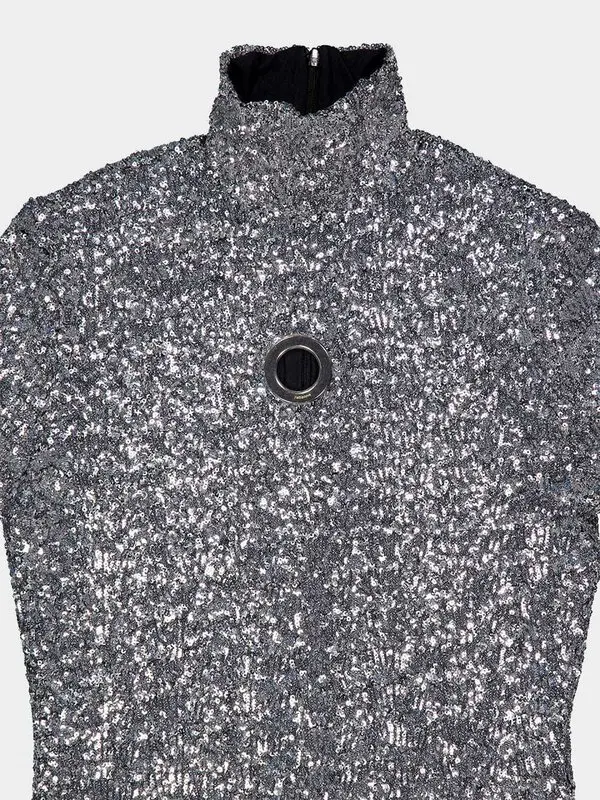 Rabanne Sequined Turtleneck Top With Cutout Detail - Silver