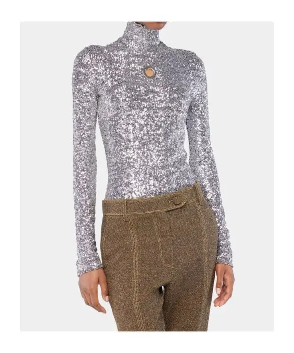 Rabanne Sequined Turtleneck Top With Cutout Detail - Silver