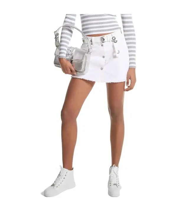 Michael Kors Frayed Denim Mini Skirt With Metal Buckles - White