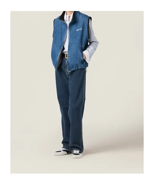 Miu Miu Denim Blouson Vest With Stand Collar And Drawstring Hem