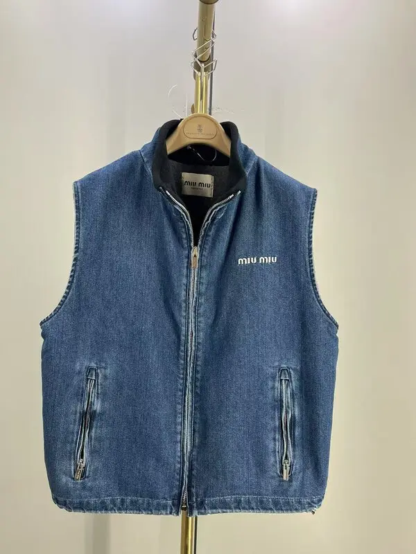 Miu Miu Denim Blouson Vest With Stand Collar And Drawstring Hem