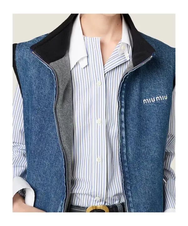 Miu Miu Denim Blouson Vest With Stand Collar And Drawstring Hem