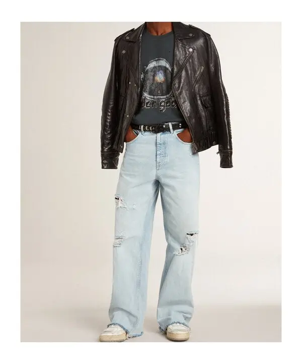 GOLDEN GOOSE Off-center Zipped Leather Jacket - Black