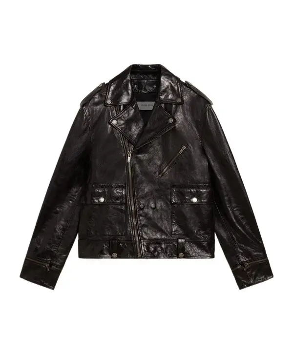 GOLDEN GOOSE Off-center Zipped Leather Jacket - Black
