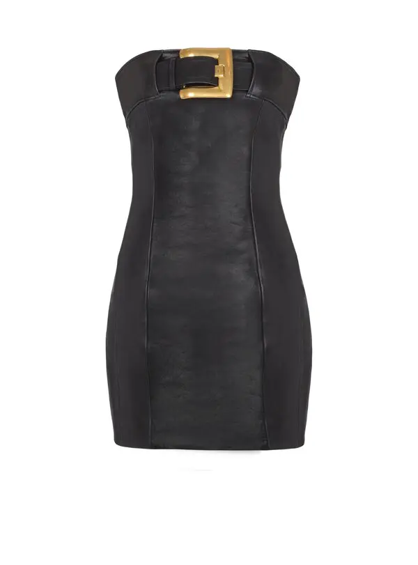 Balmain Belted Strapless Leather Mini Dress
