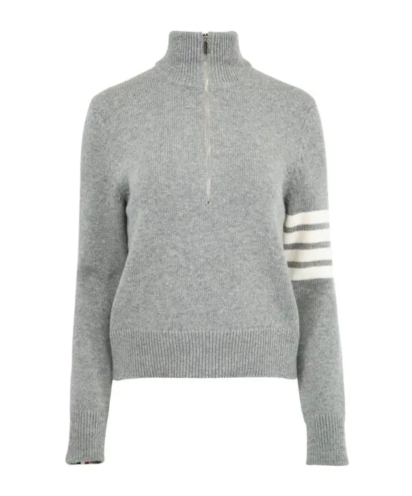 Thom Browne Half-zip Funnel Neck Knit Pullover With Signature Stripes - Light Gray