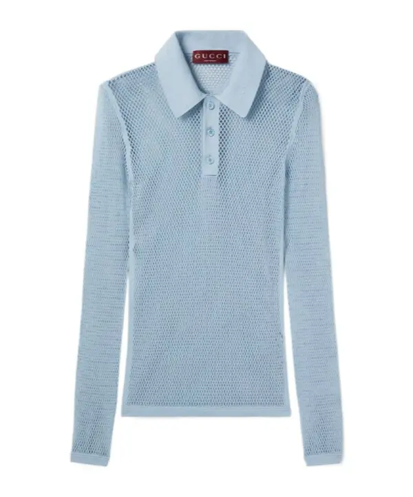Gucci Embossed Technical Mesh Polo Top - Light Blue Flat