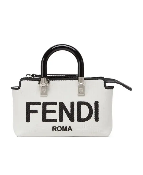 Fendi Canvas Small Boston Bag With Roma Embroidery - White