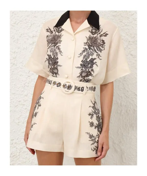 Zimmermann Floral Short Sleeve Shirt - Cream