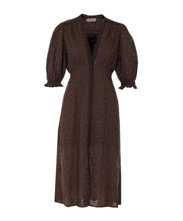 TWINSET Embroidered V-neck Midi Dress With Lace Trim - Black