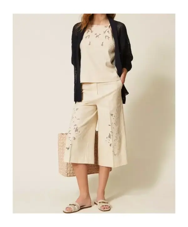 TWINSET Cropped Wide-leg Pants With Floral Embroidery - Nude